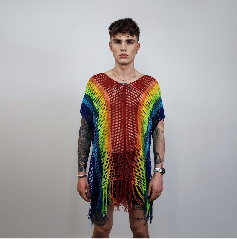 Rainbow Mesh Top Gay Pride Sweater Rave Poncho Transparent Jumper LGBT ...