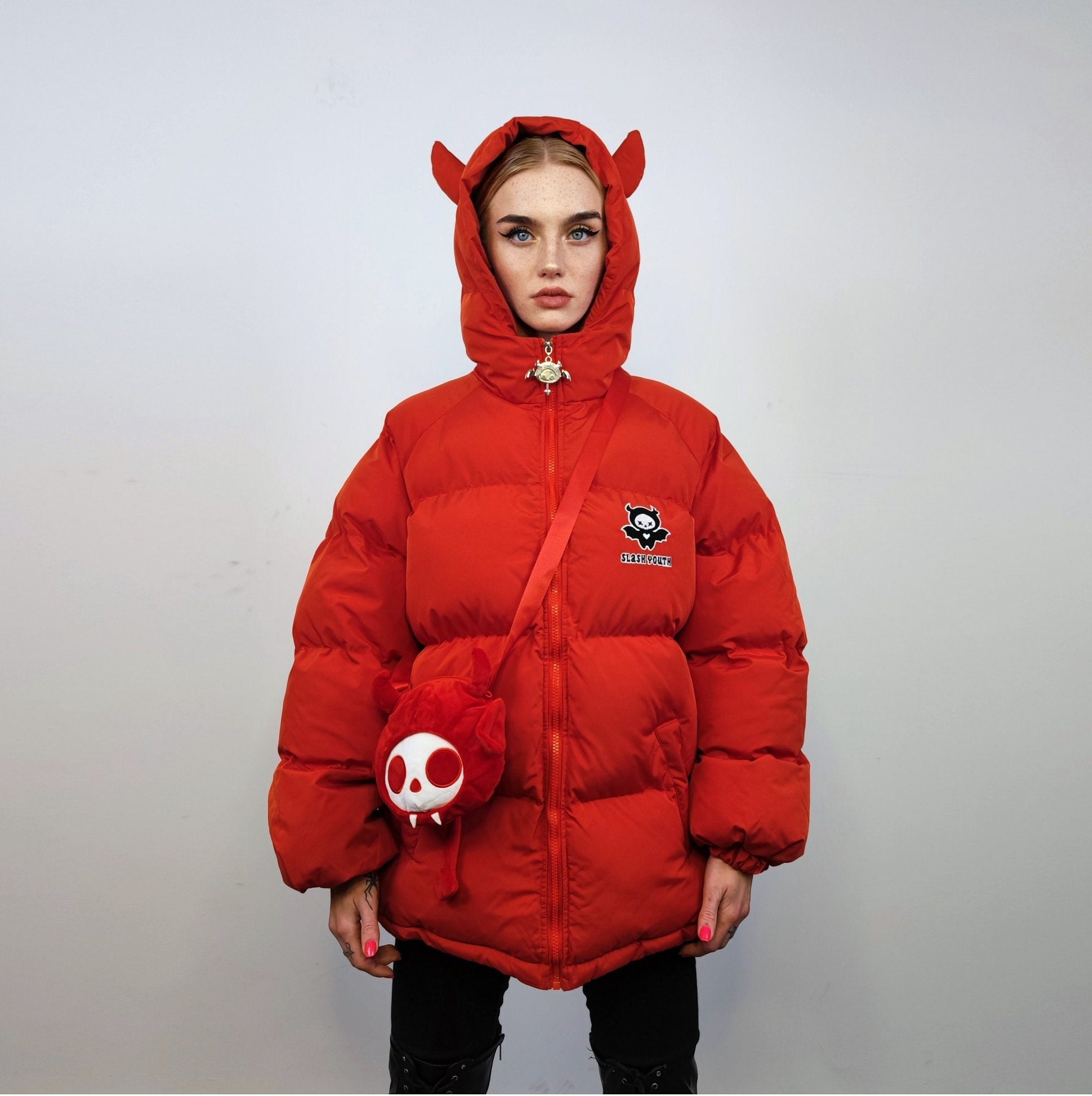 Devil Horn Hooded Jacket Skeleton Embroidery Bomber Quilted Gothic ...
