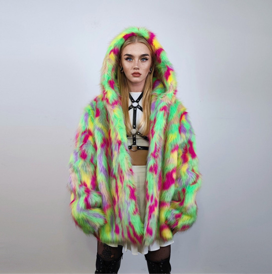 Hooded Faux Fur Jacket Psychedelic Coat Shaggy Trench Bright Raver