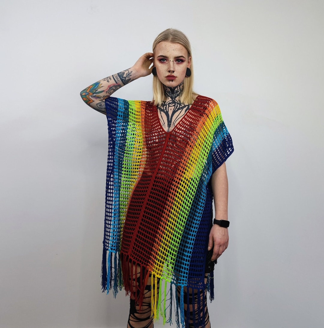 Rainbow Mesh Top Gay Pride Sweater Rave Poncho Transparent Jumper LGBT ...