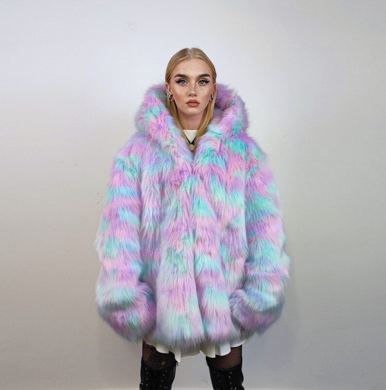 Hooded candy faux fur jacket unicorn bomber neon raver puffer fluffy ...