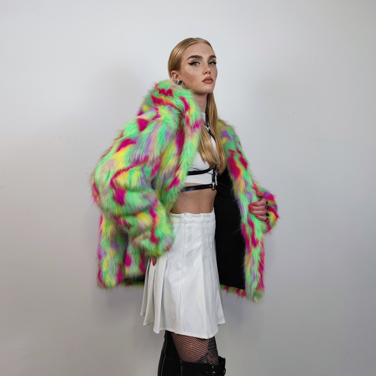 Hooded Faux Fur Jacket Psychedelic Coat Shaggy Trench Bright Raver ...