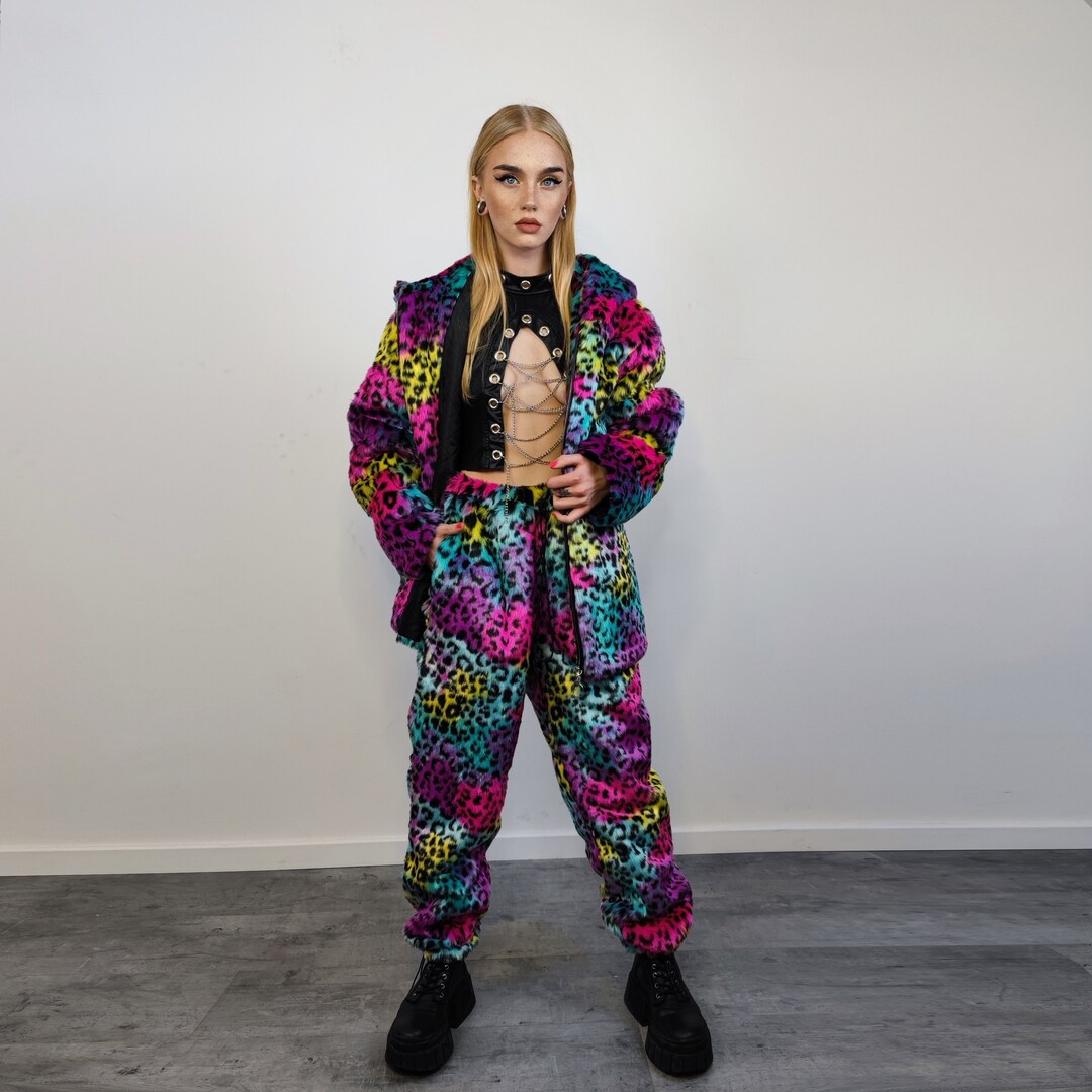 Leopard Faux Fur Joggers Winter Raver Pants Fluffy Animal Print ...