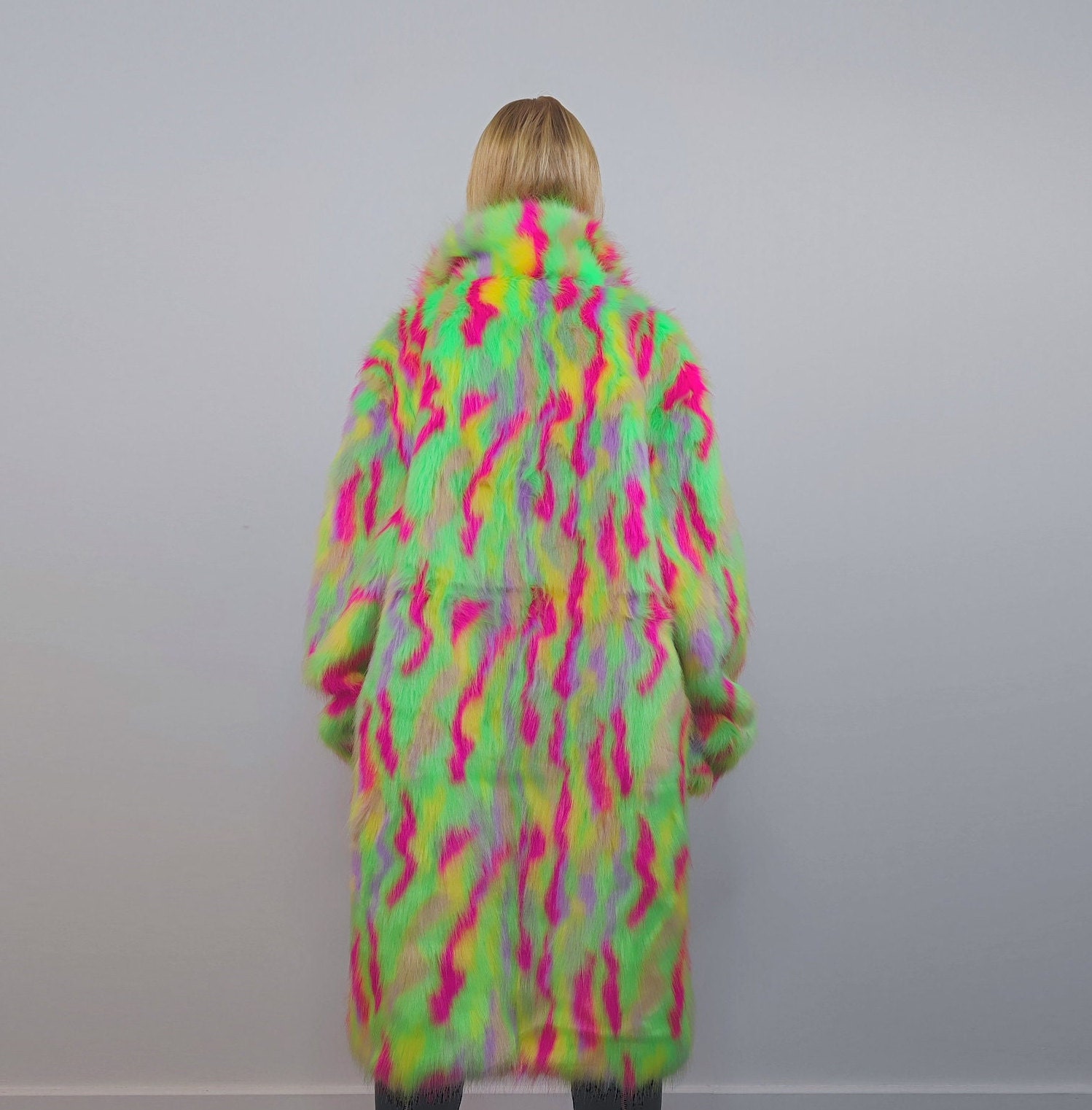 Psychedelic Faux Fur Longline Coat Shaggy Trench Bright Raver Bomber ...