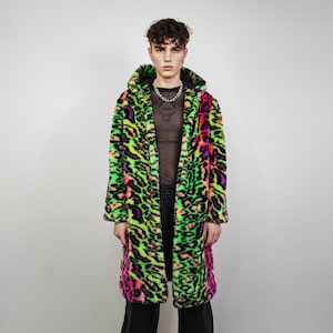 Neon Leopard Faux Fur Coat Hooded Festival Jacket Cheetah Rave Bomber ...