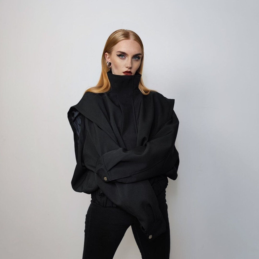 Cyber Punk Denim Jacket Futuristic Jean Bomber Shoulder Padded Kimono ...