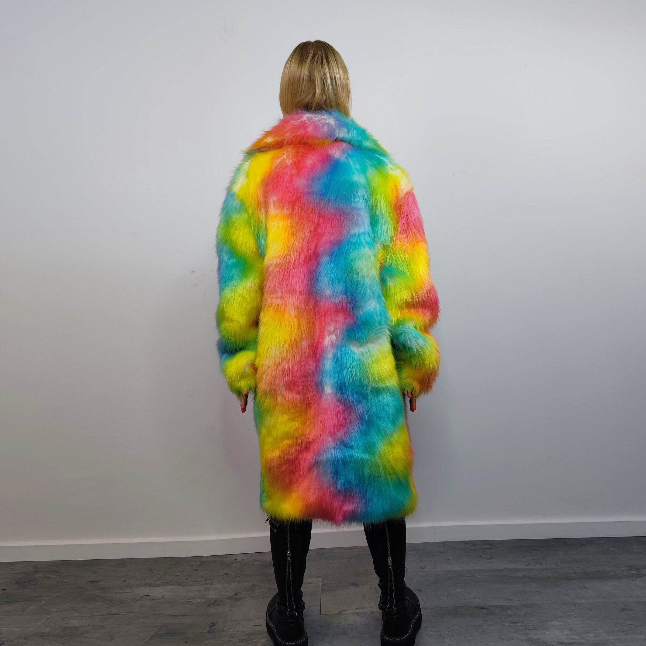 Rainbow Fur Long Coat Unicorn Trench Neon Raver Bomber Fluffy Tie-dye ...