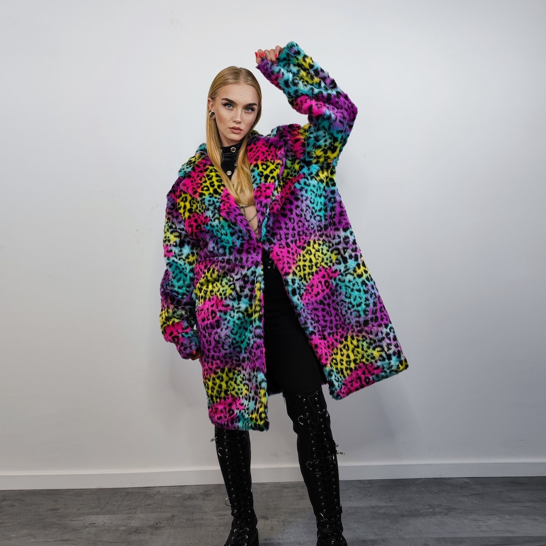 Tie-dye Faux Fur Leopard Coat Rainbow Long Trench Marshmallow Raver Jacket Fluffy Cheetah Fleece ...
