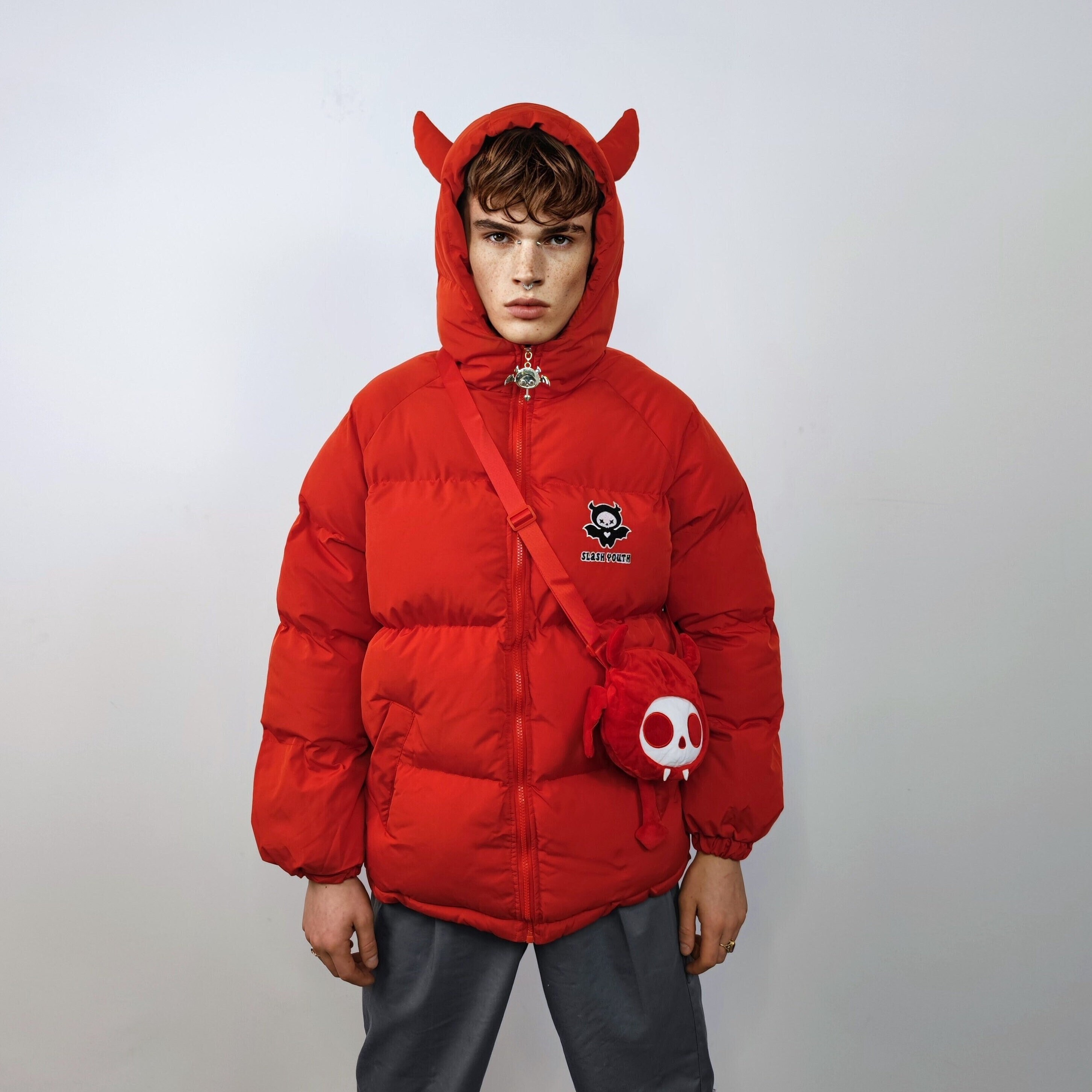 Devil Horn Hooded Jacket Skeleton Embroidery Bomber Quilted Gothic ...