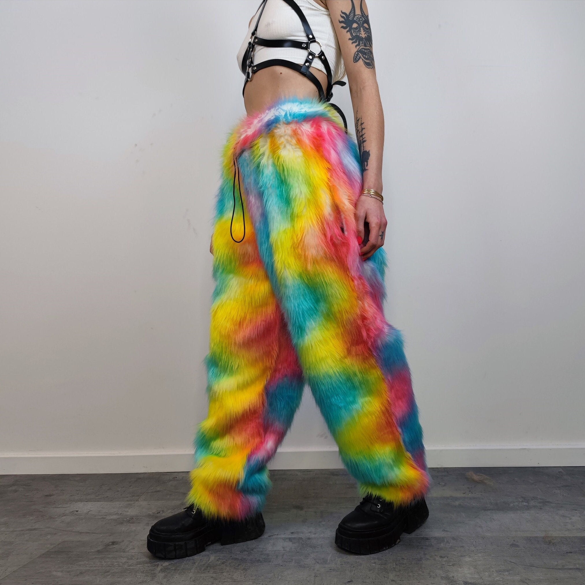 Rainbow Faux Fur Joggers Raver Pants Fluffy Psychedelic Trousers Ski ...
