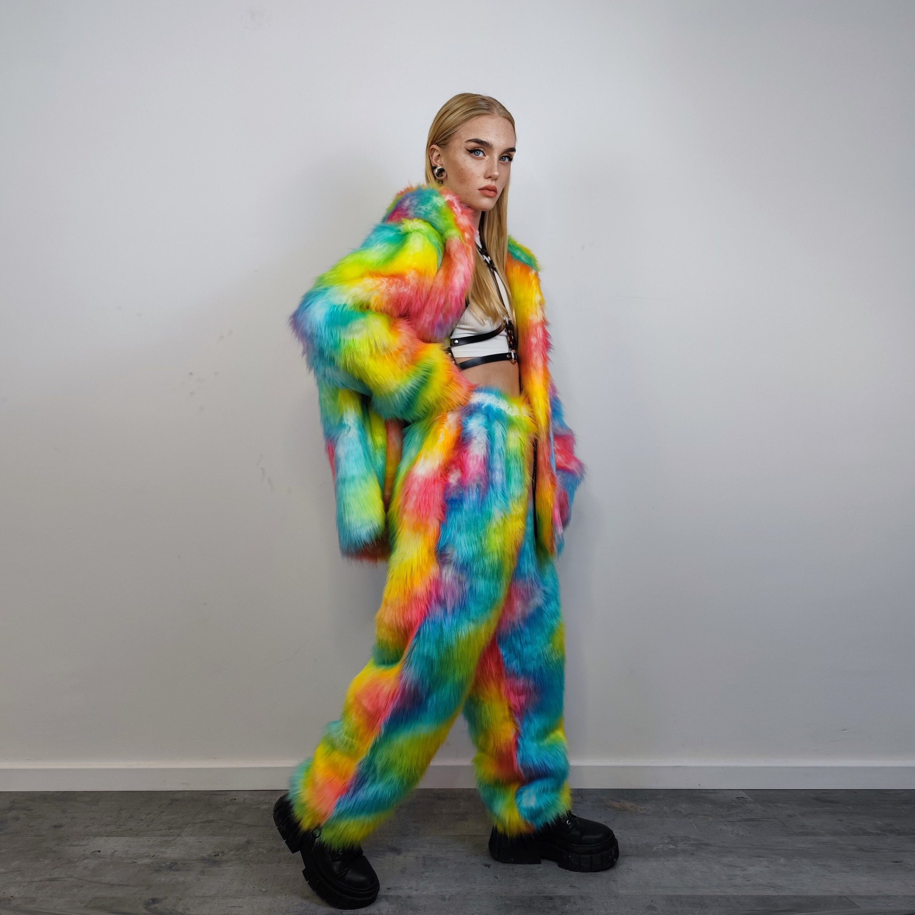 Rainbow Faux Fur Joggers Raver Pants Fluffy Psychedelic Trousers Ski ...