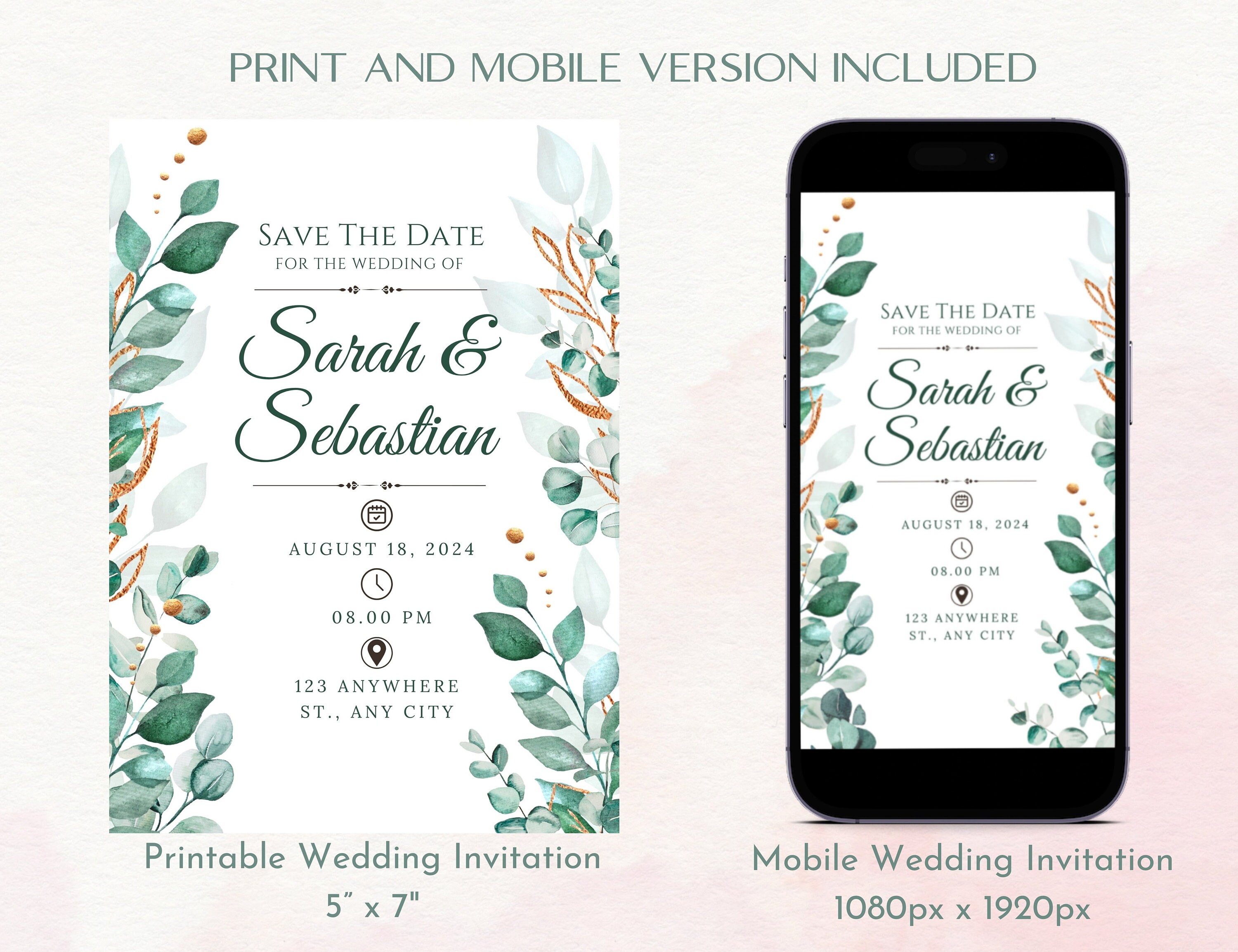 Greenery Wedding Invitation Template, Printable and Electronic Invite ...