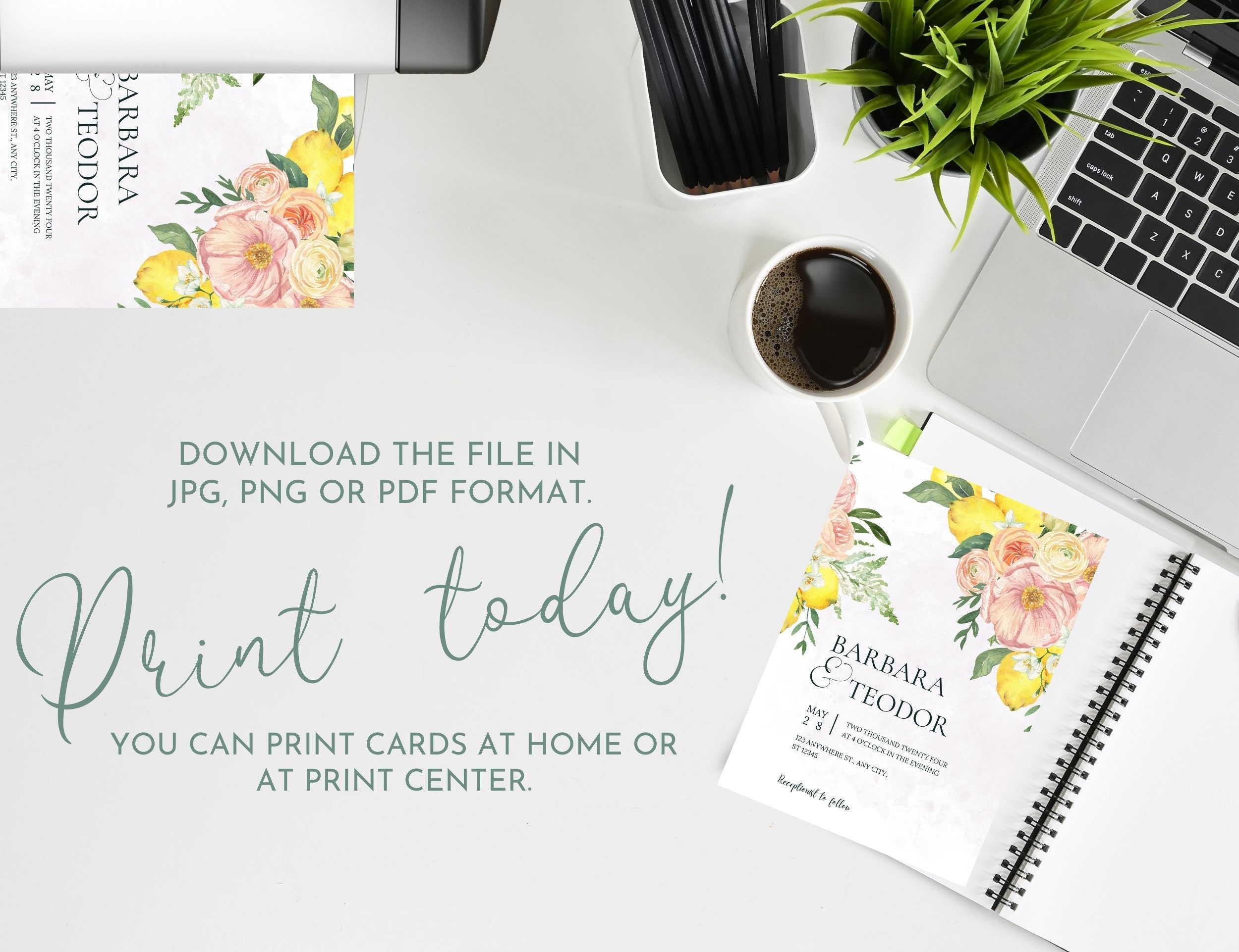 Lemon Wedding Invitation Template, Lemon Flower Pintable and Electronic ...