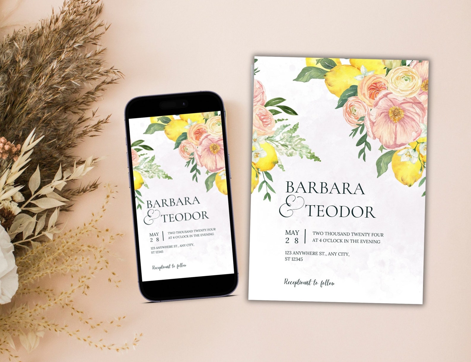 Lemon Wedding Invitation Template, Lemon Flower Pintable and Electronic ...