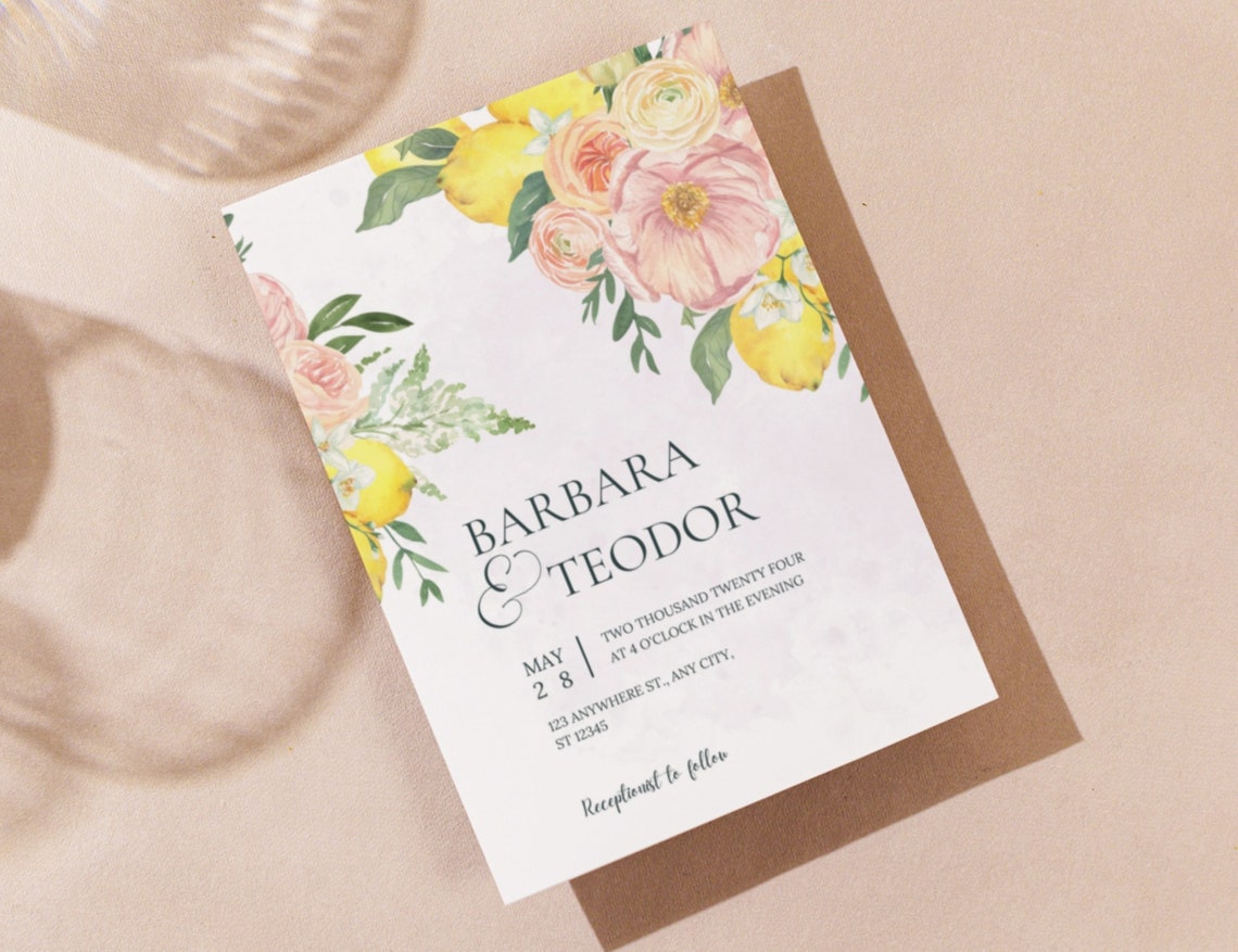 Lemon Wedding Invitation Template, Lemon Flower Pintable and Electronic ...
