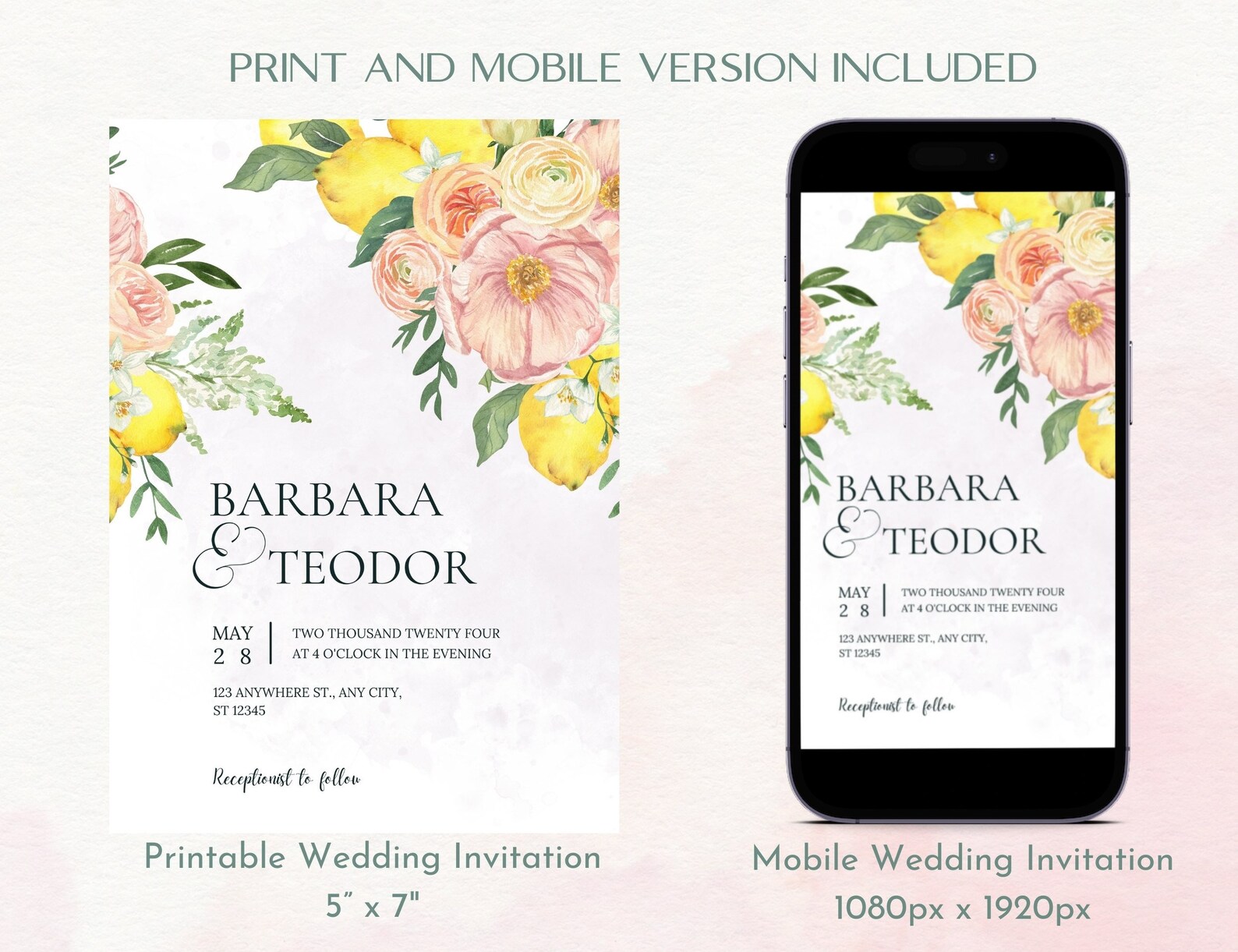 Lemon Wedding Invitation Template Lemon Flower Pintable and - Etsy