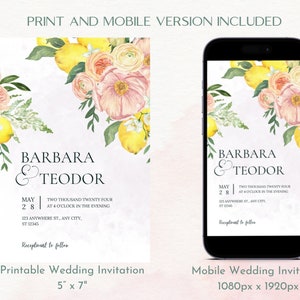 Lemon Floral Wedding Invitation Template, Printable Electronic Invite ...