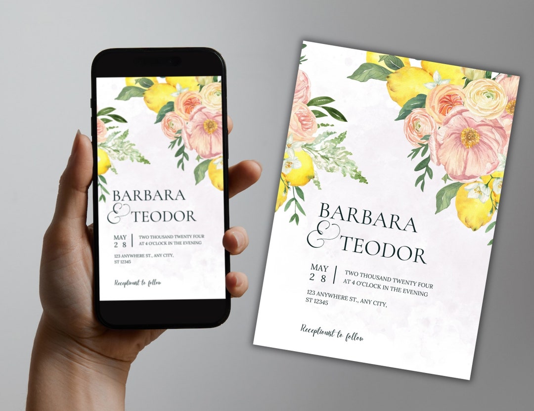 Lemon Wedding Invitation Template, Lemon Flower Pintable and Electronic ...