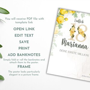 18th Birthday Yellow Rose Birthday Money Gift Card, DIY Present for ...