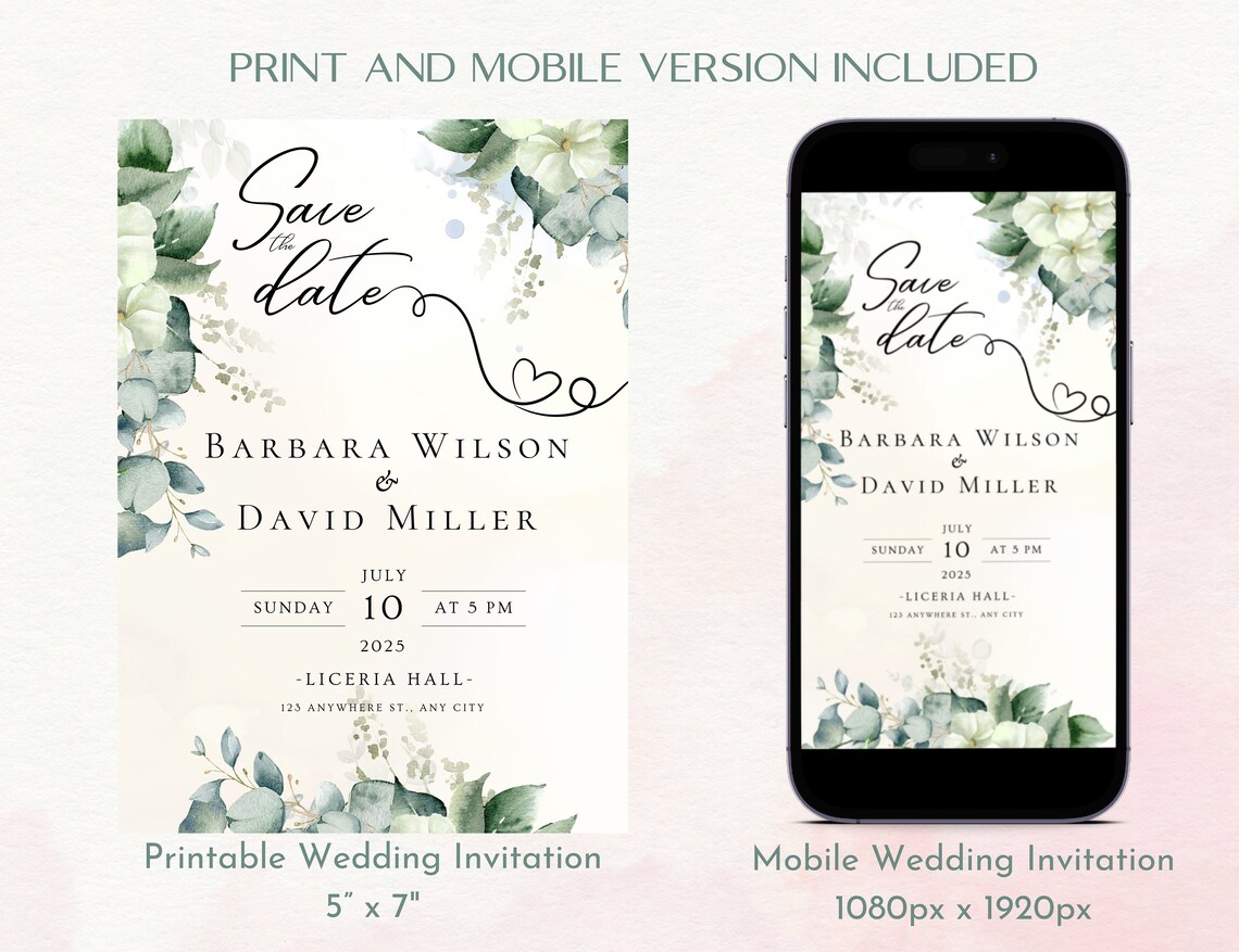Greenery Floral Wedding Invitation Template, Editable Digital Invite ...