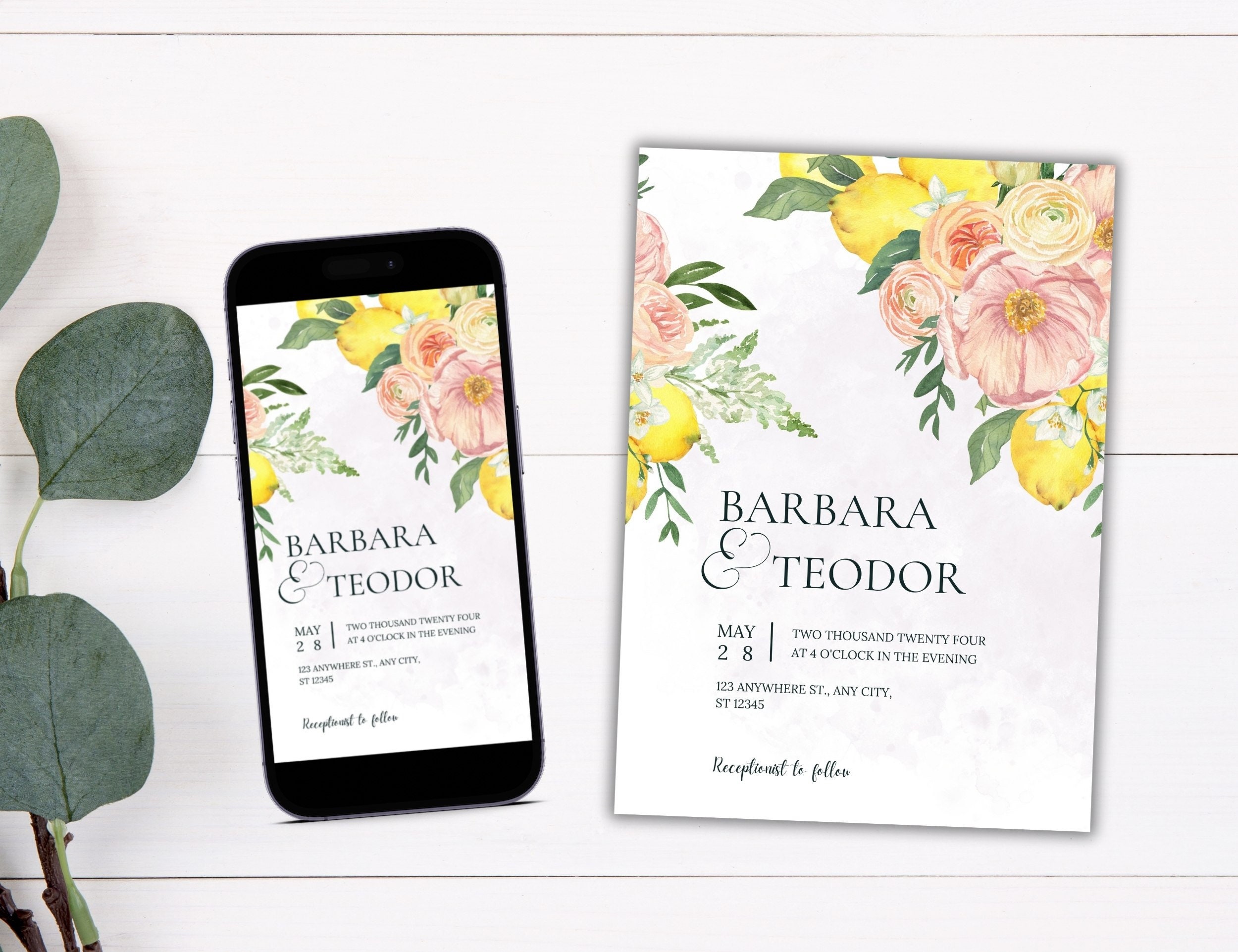 Lemon Wedding Invitation Template, Lemon Flower Pintable and Electronic ...