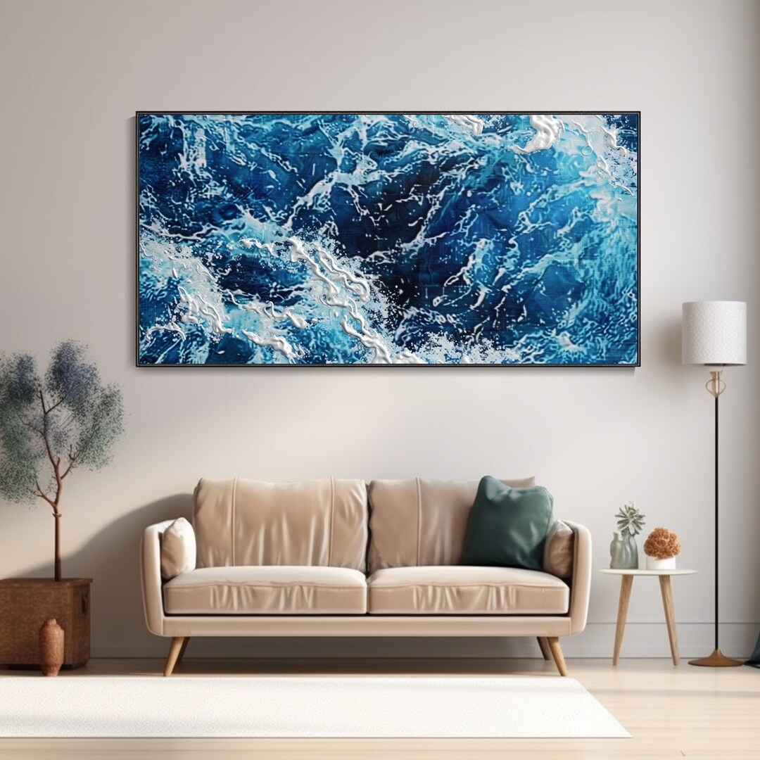 Minimalist Deep Blue Ocean Canvas Art Abstract 3D White Wave Art Creamy ...