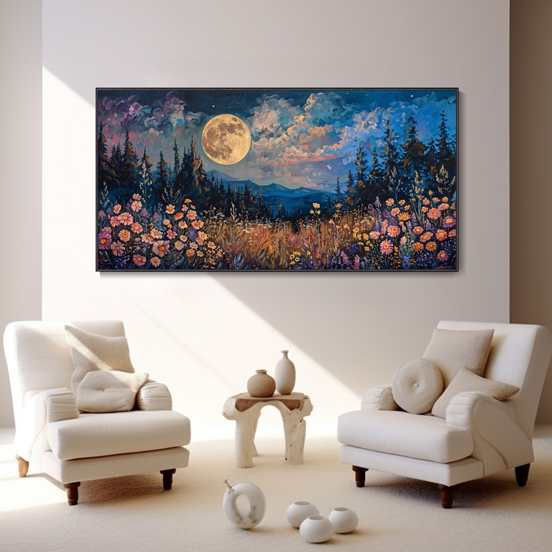Romantic Night Sky Landscape Painting Wildflower Plant Texture Wall Art ...