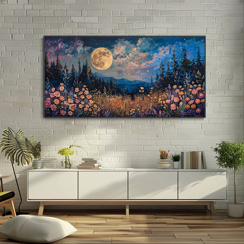 Romantic Night Sky Landscape Painting Wildflower Plant Texture Wall Art ...