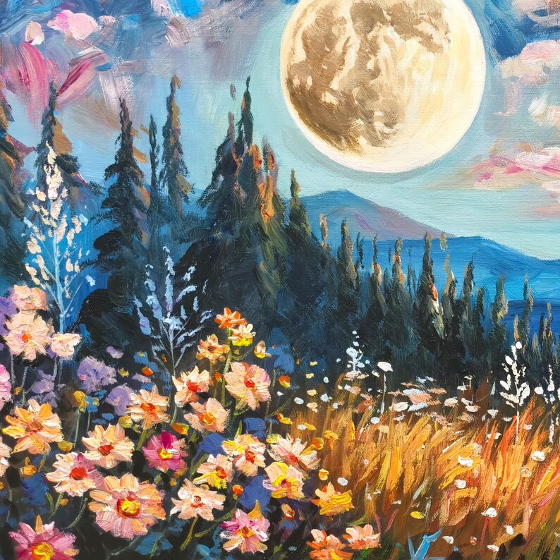 Romantic Night Sky Landscape Painting Wildflower Plant Texture Wall Art ...
