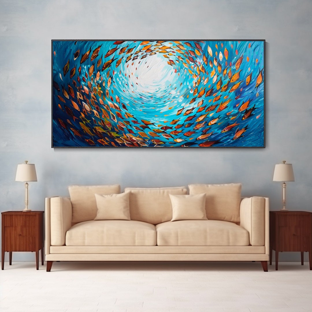 Large Colorful Fish Animal Painting Original Blue Ocean Canvas Oil Art ...
