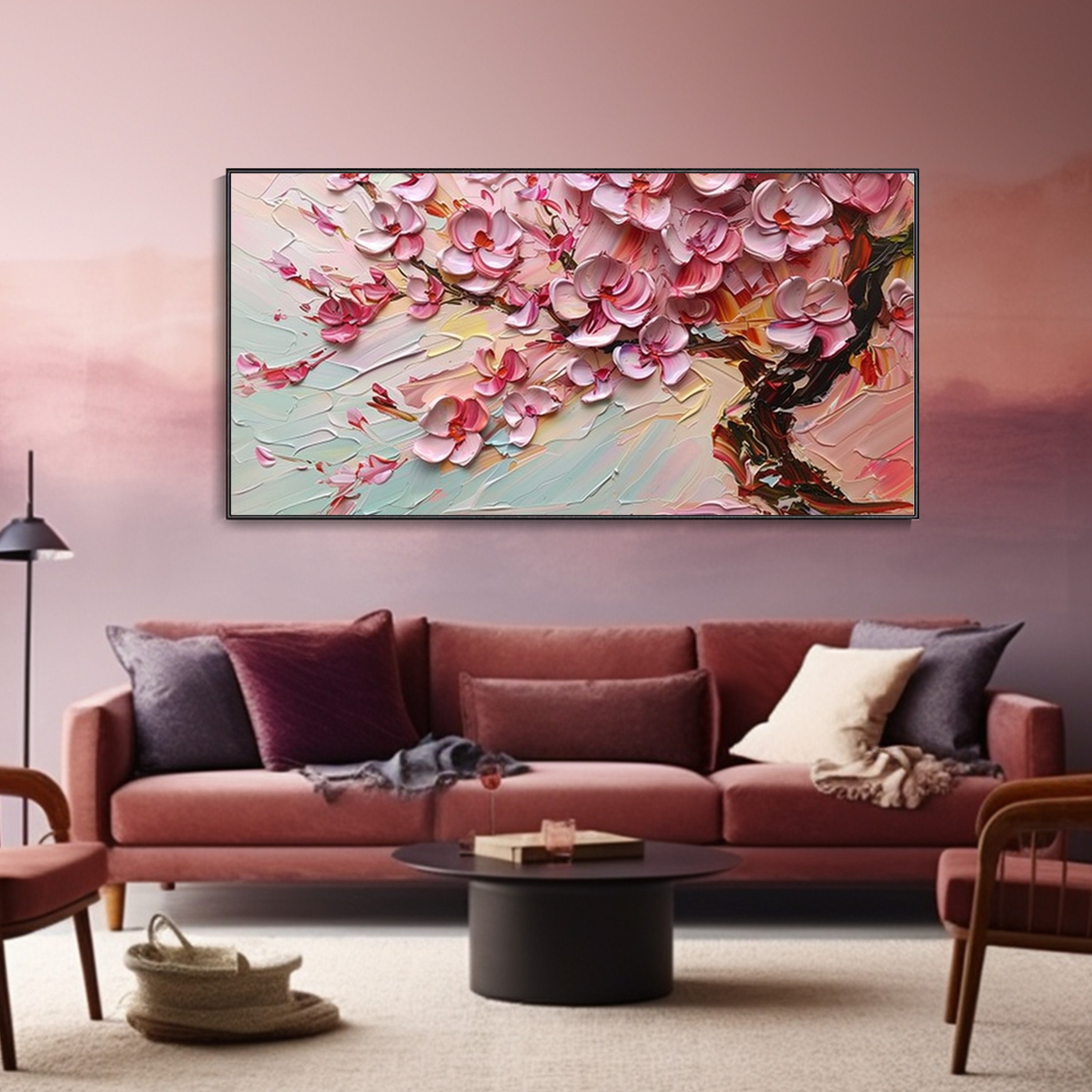 3D Pink Cherry Blossom Canvas Oil Painting Hand Cream Texture Wall Art ...