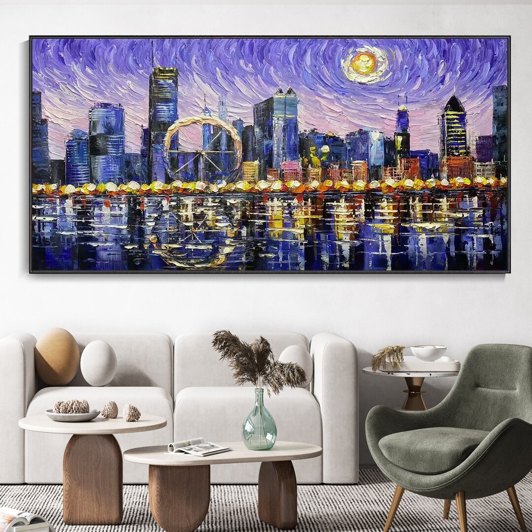 Original Boho City Architecture Landscape, Ferris Wheel Canvas Painting ...