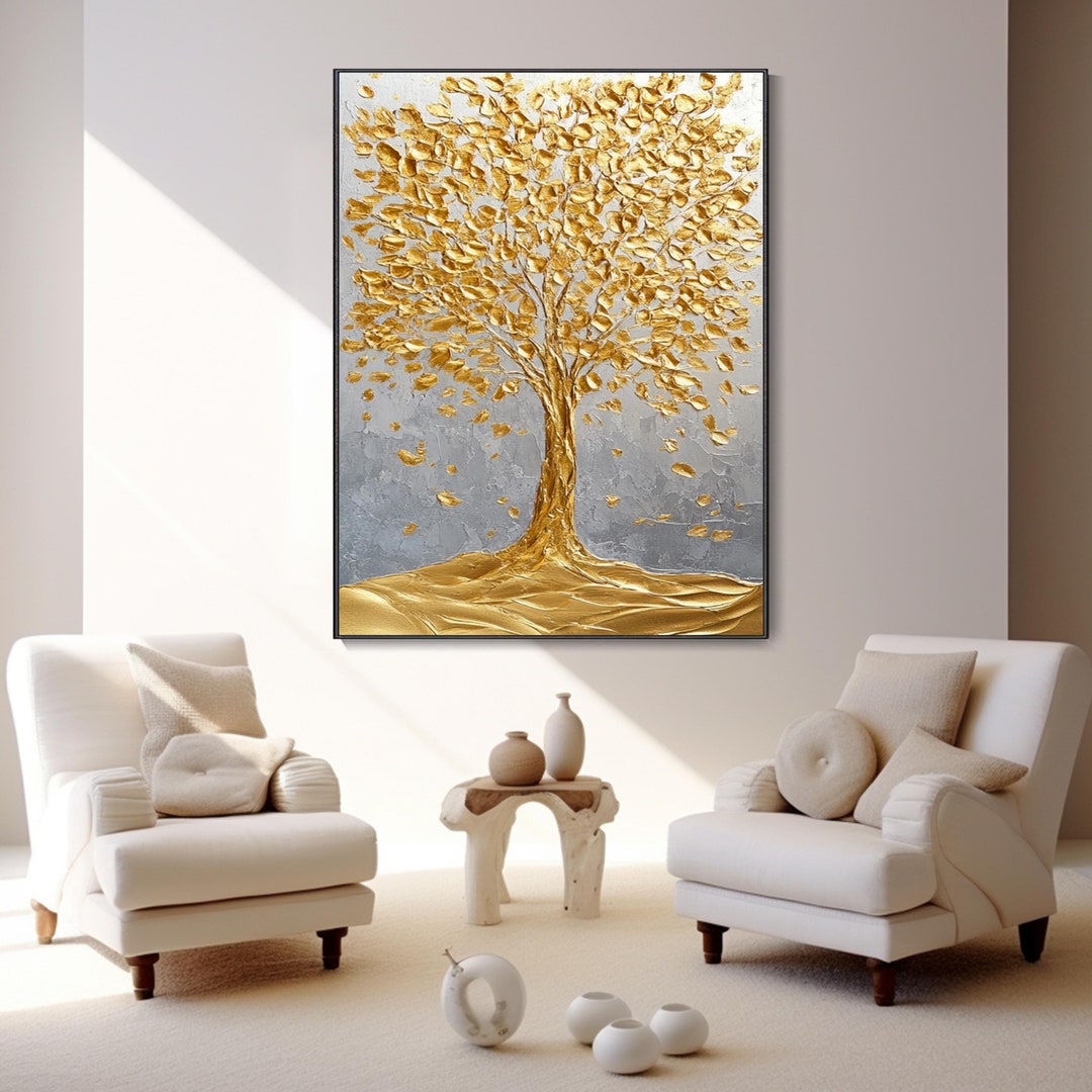 Blooming Golden Tree of Life Nature Wall Art Luxury Gold Foil Decor Abstract Golden Leaves Plant ...
