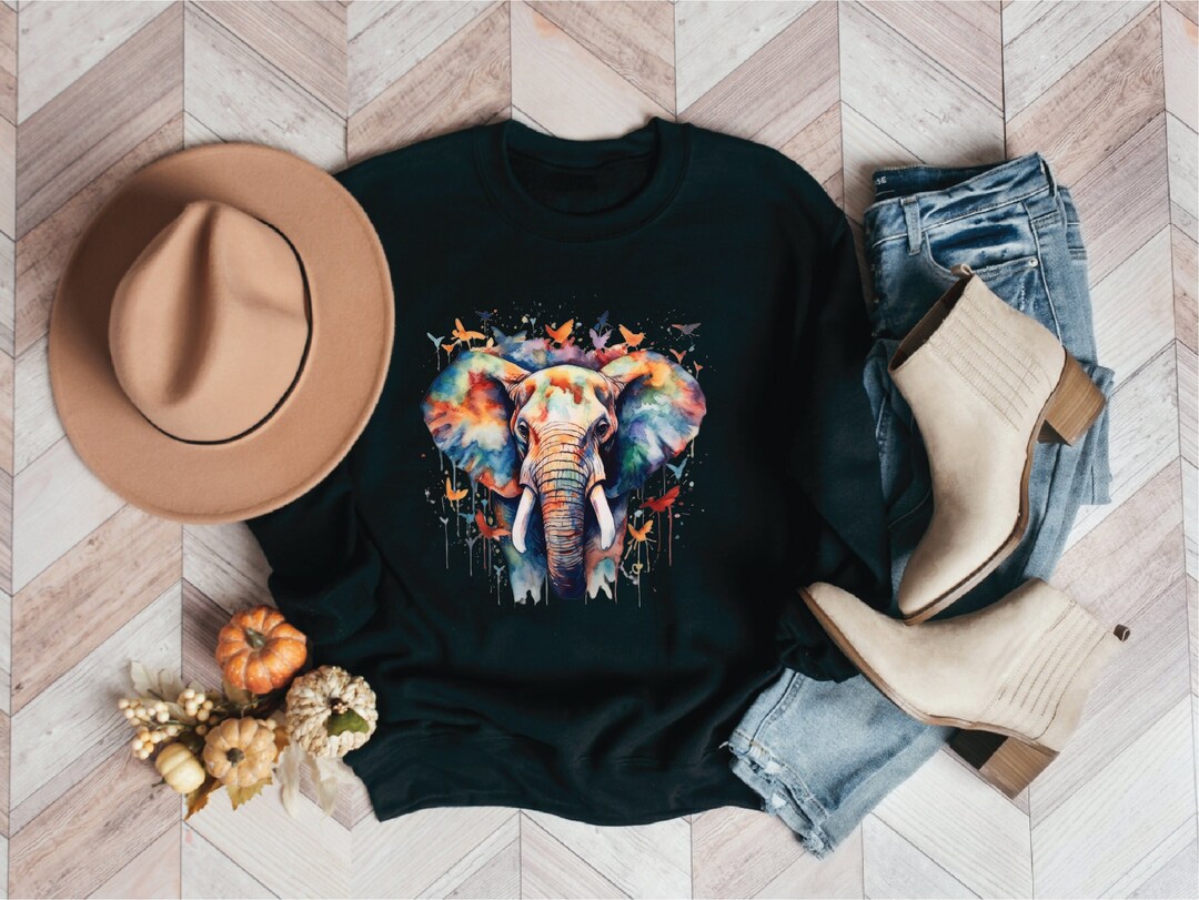 Elephant Portrait Watercolor Print Sweatshirt, Colorful Elephant Shirt ...