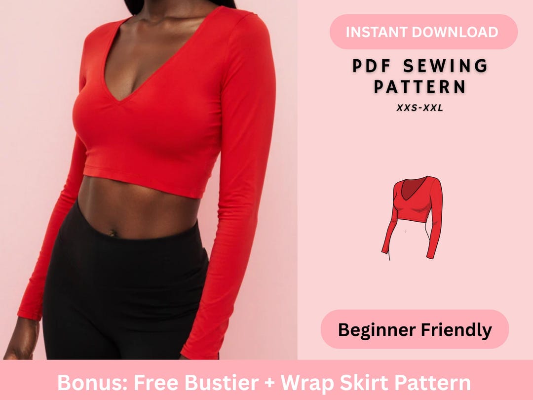 Crop Top Pattern, Long Sleeve Crop Top Pattern, Women's Sewing Patterns ...