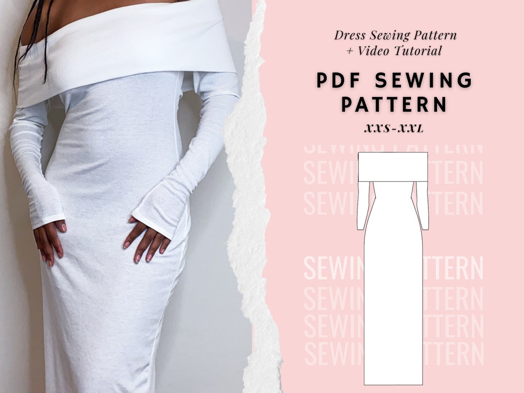 Off Shoulder Maxi Slit Dress Pattern, Womens Dress Sewing Pattern ...