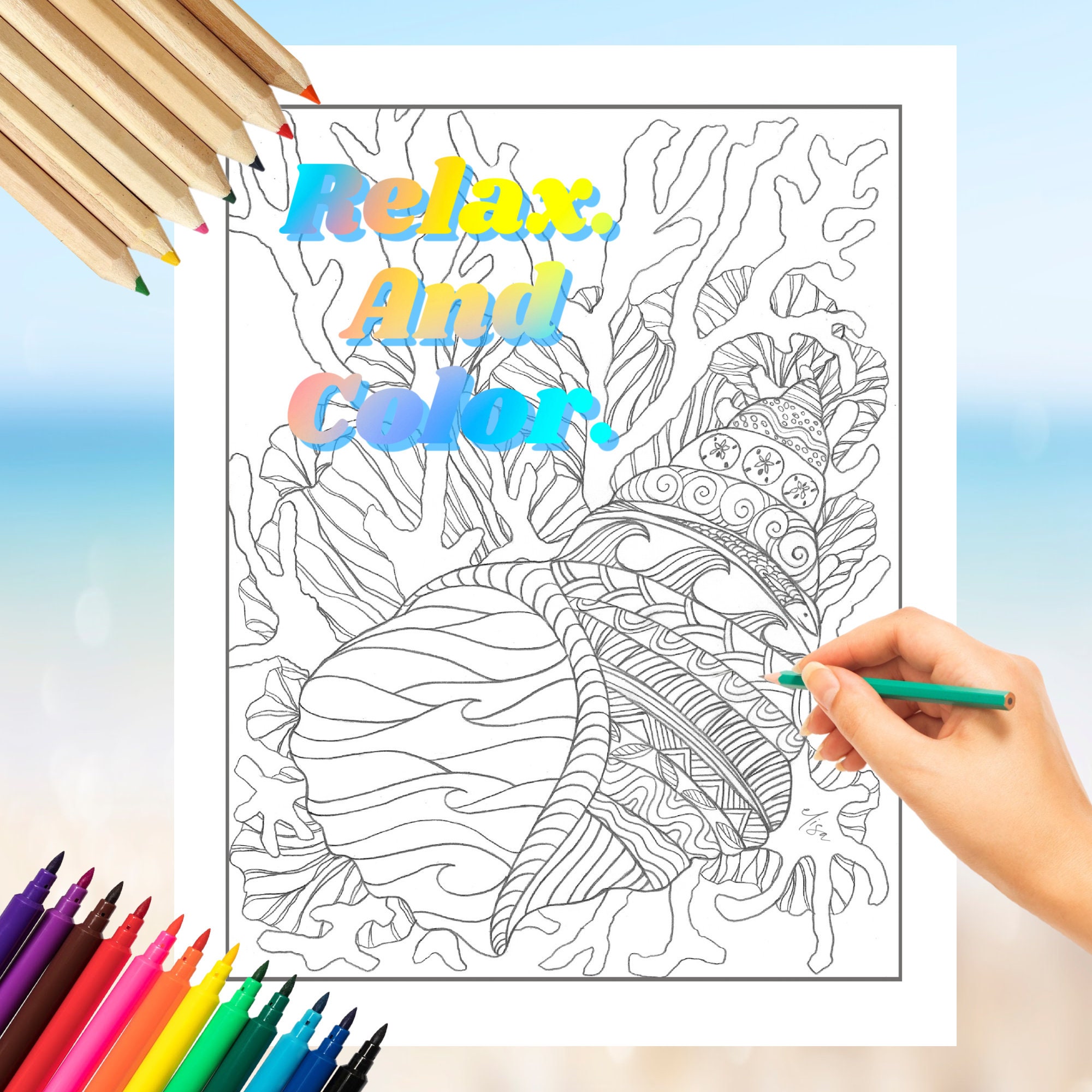 Sea Shell Coloring Page - Original Hand Drawn Design by Elisa Fasulo ...
