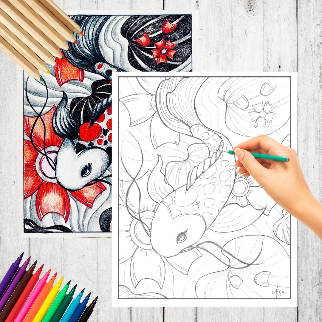 Koi Fish Coloring Page - Original Hand Drawn Design by Elisa Fasulo ...