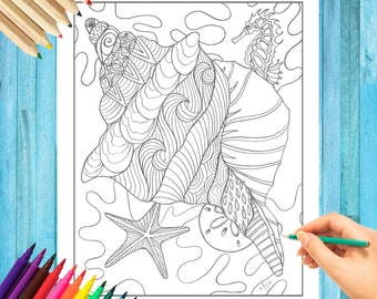 Sea Shell Coloring Page Original Hand Drawn Design by Elisa - Etsy
