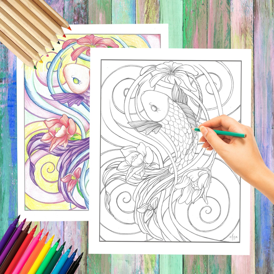 Koi Fish Coloring Page - Original Hand Drawn Design by Elisa Fasulo ...
