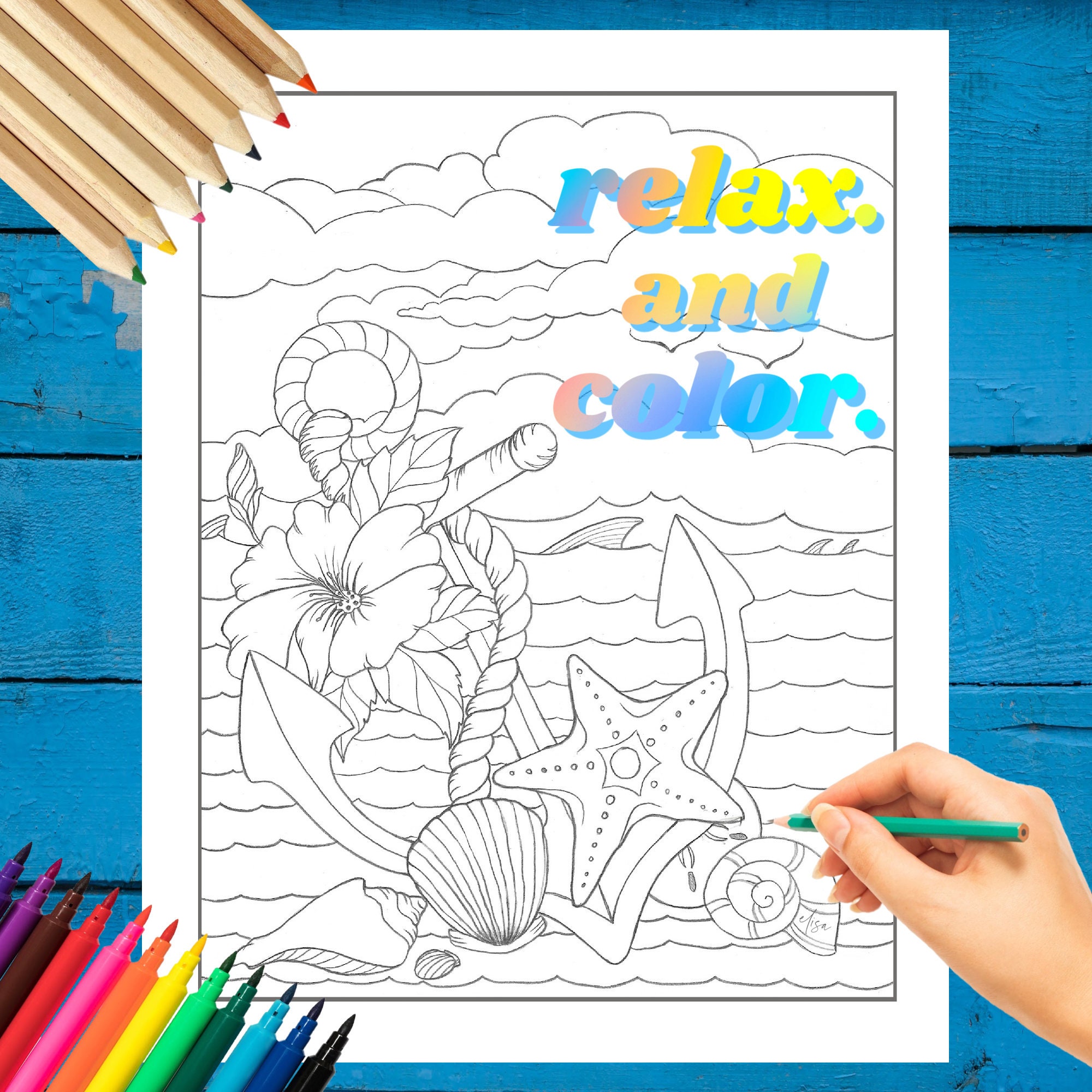 Seashell Coloring Page - Original Hand Drawn Design by Elisa Fasulo ...