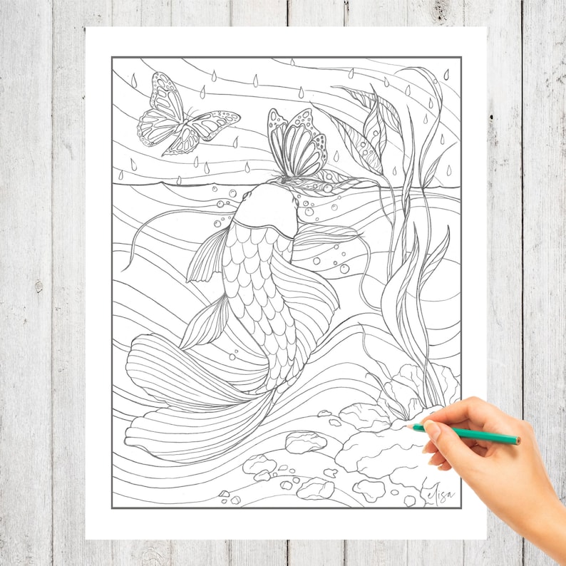 Butterflies and Fish - Original Art Coloring Page - Digital Download - Etsy