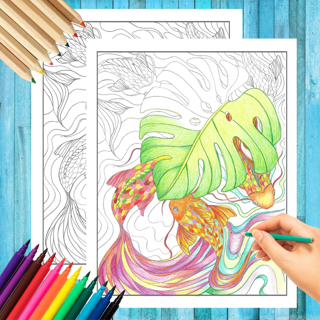 Koi Fish & Monstera Leaf Coloring Page - Original Hand Drawn Design by ...