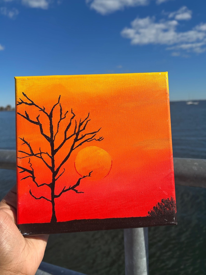 8x8 Sunset Tree Silhouette Painting | Minimalist Nature Art | Warm ...