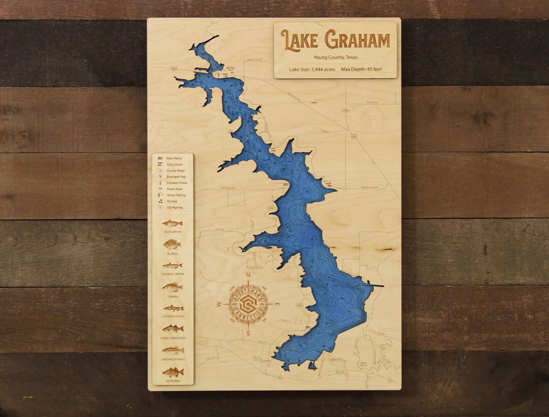 Lake Graham young Co, TX Wooden Engraved Map, Wall Art, Home Décor ...