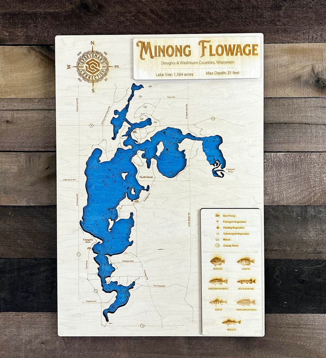 Minong Flowage washburn Co, WI Wooden Engraved Map, Wall Art, Home ...