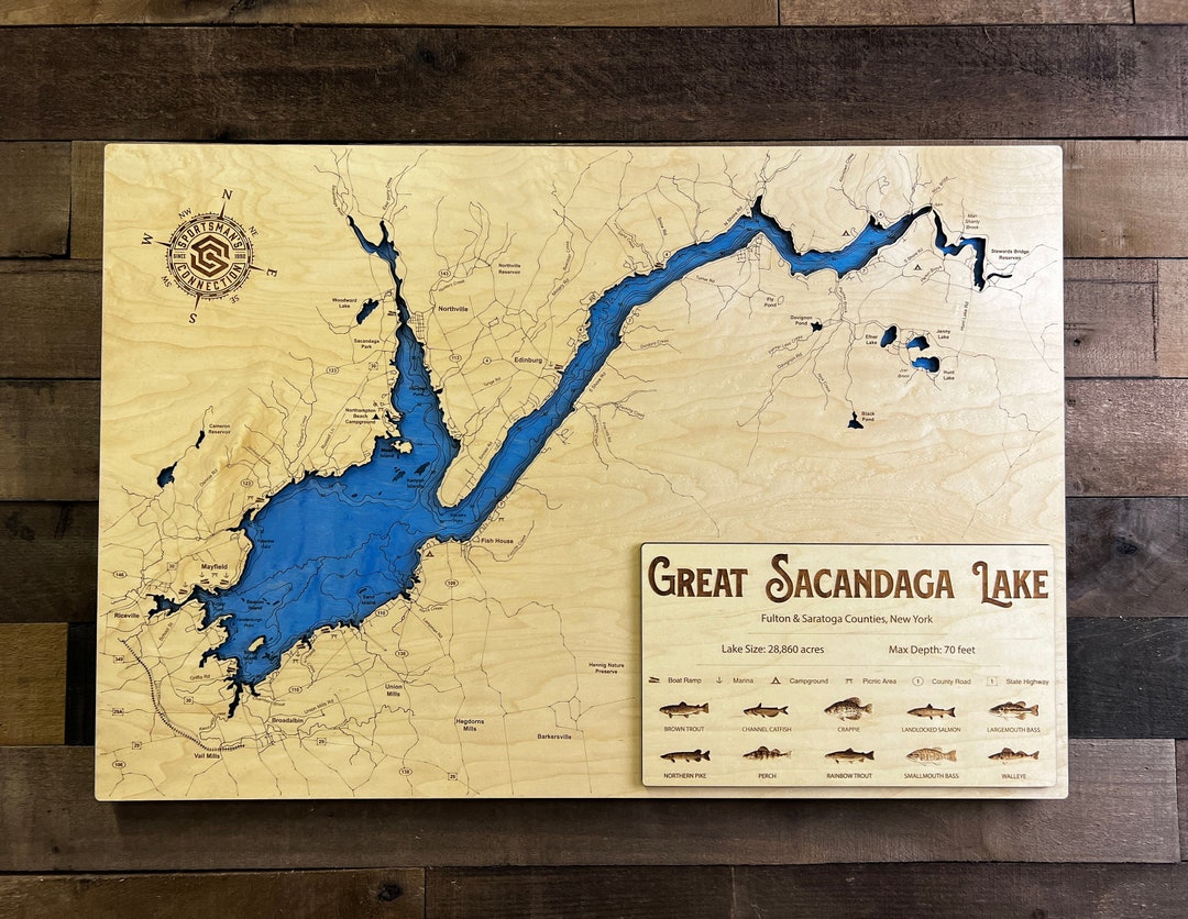 Great Sacandaga Lake fulton-saratoga Co, NY Wooden Engraved Map, Wall ...