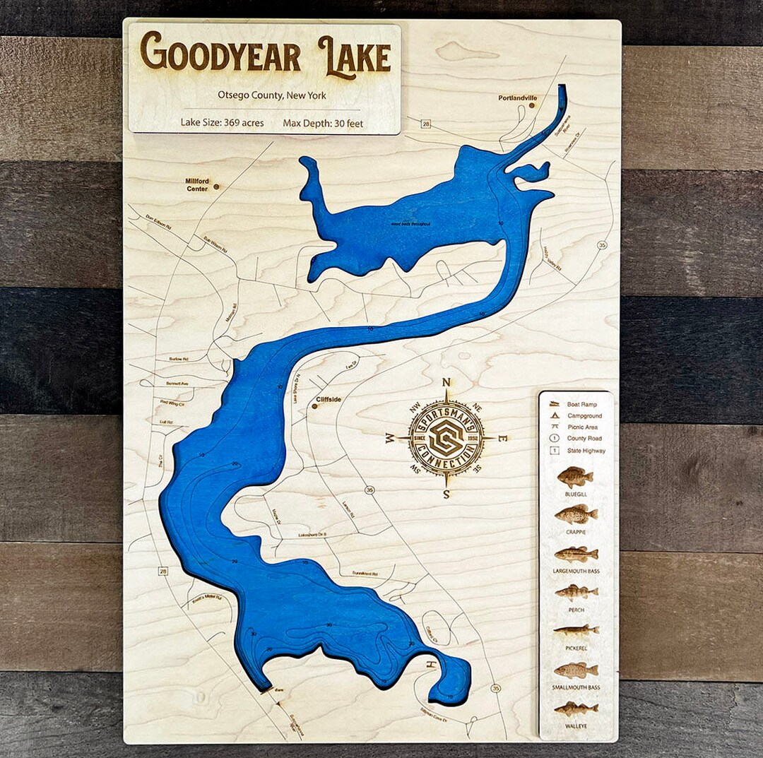 Goodyear Lake otsego Co, NY Wooden Engraved Map, Wall Art, Home Décor ...