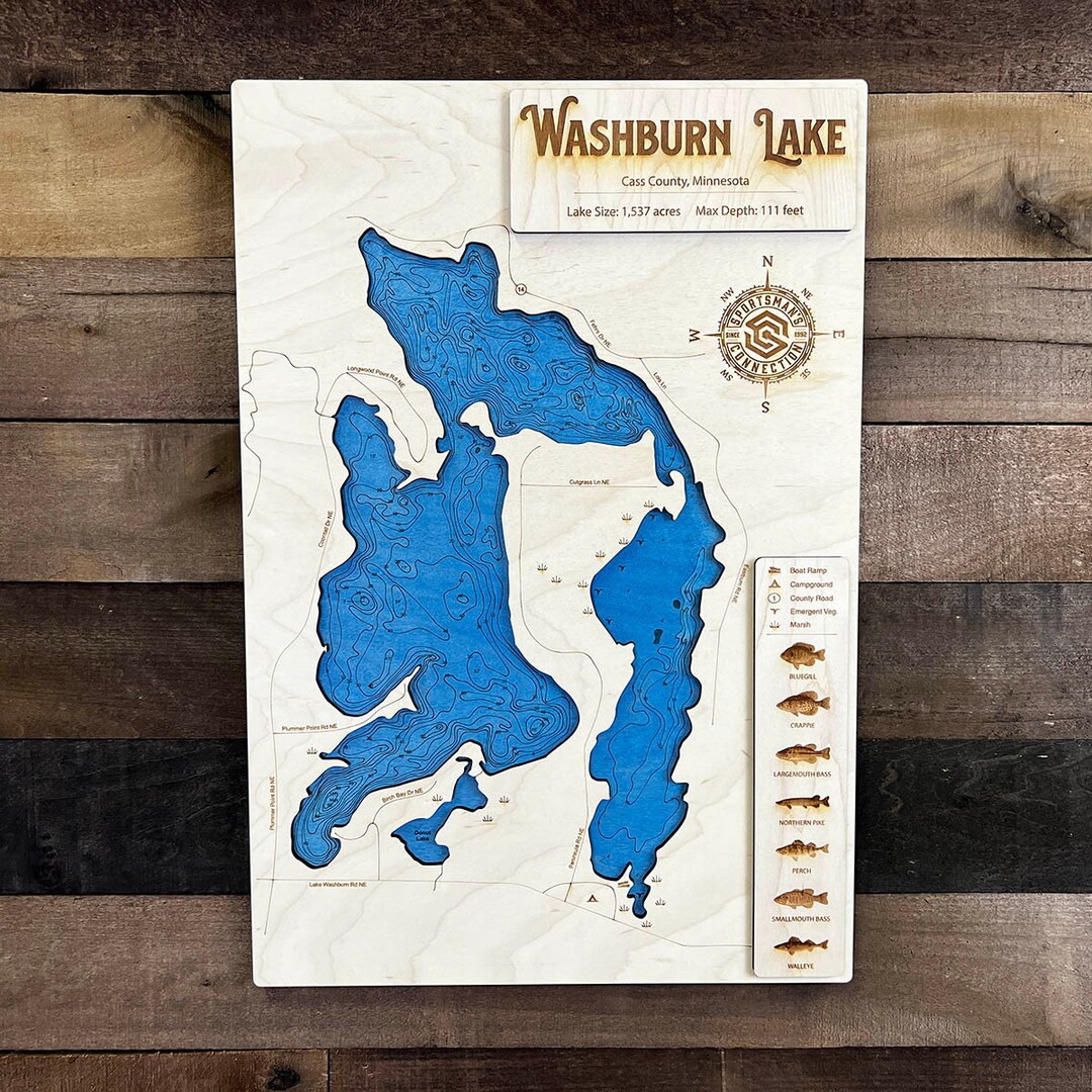 Washburn Lake cass Co, MN Wooden Engraved Map, Wall Art, Home Décor ...