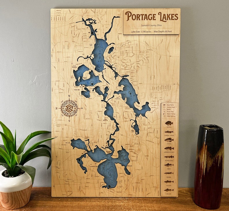 Portage Lakes summit Co OH Wooden Engraved Map Wall Art - Etsy